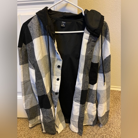 SHEIN | Jackets & Coats | White And Black Plaid Shein Shirt Jacket ...